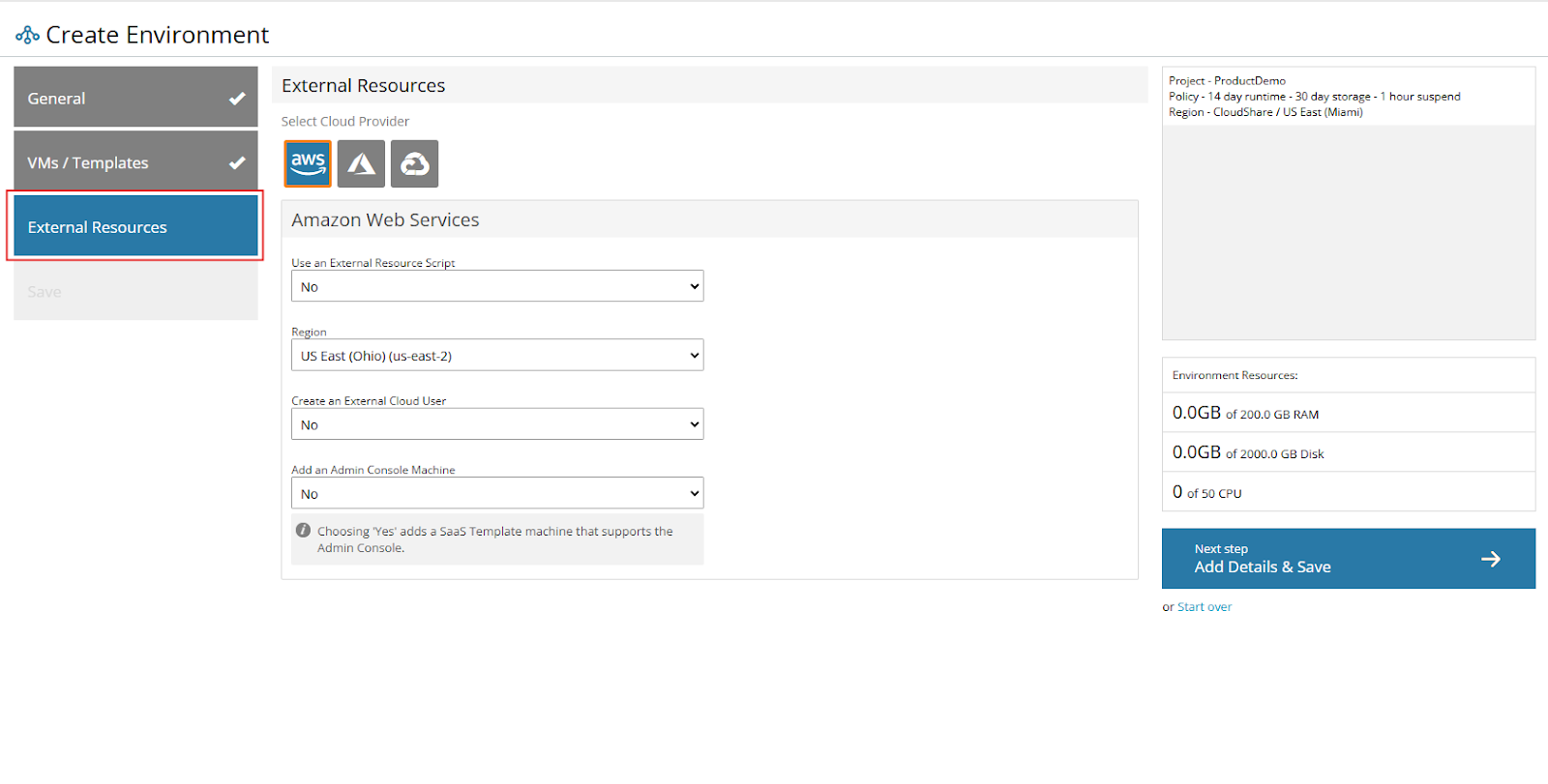 Adding External Cloud Resources to an Environment – CloudShare Help Center