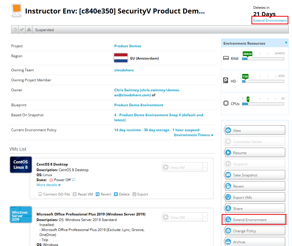 Extending an Environment – CloudShare Help Center